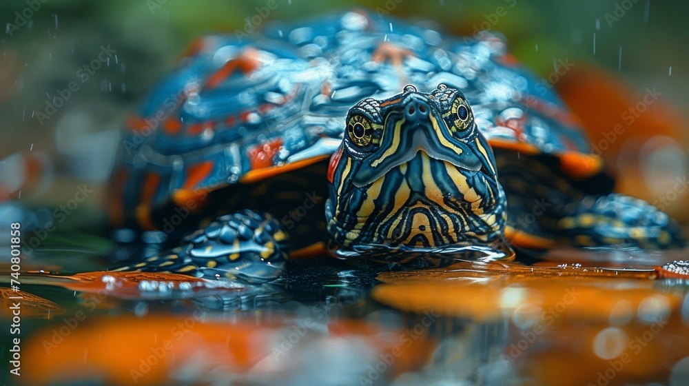 Raindrop on a turtles back showing a slow moving yet vibrant world ...