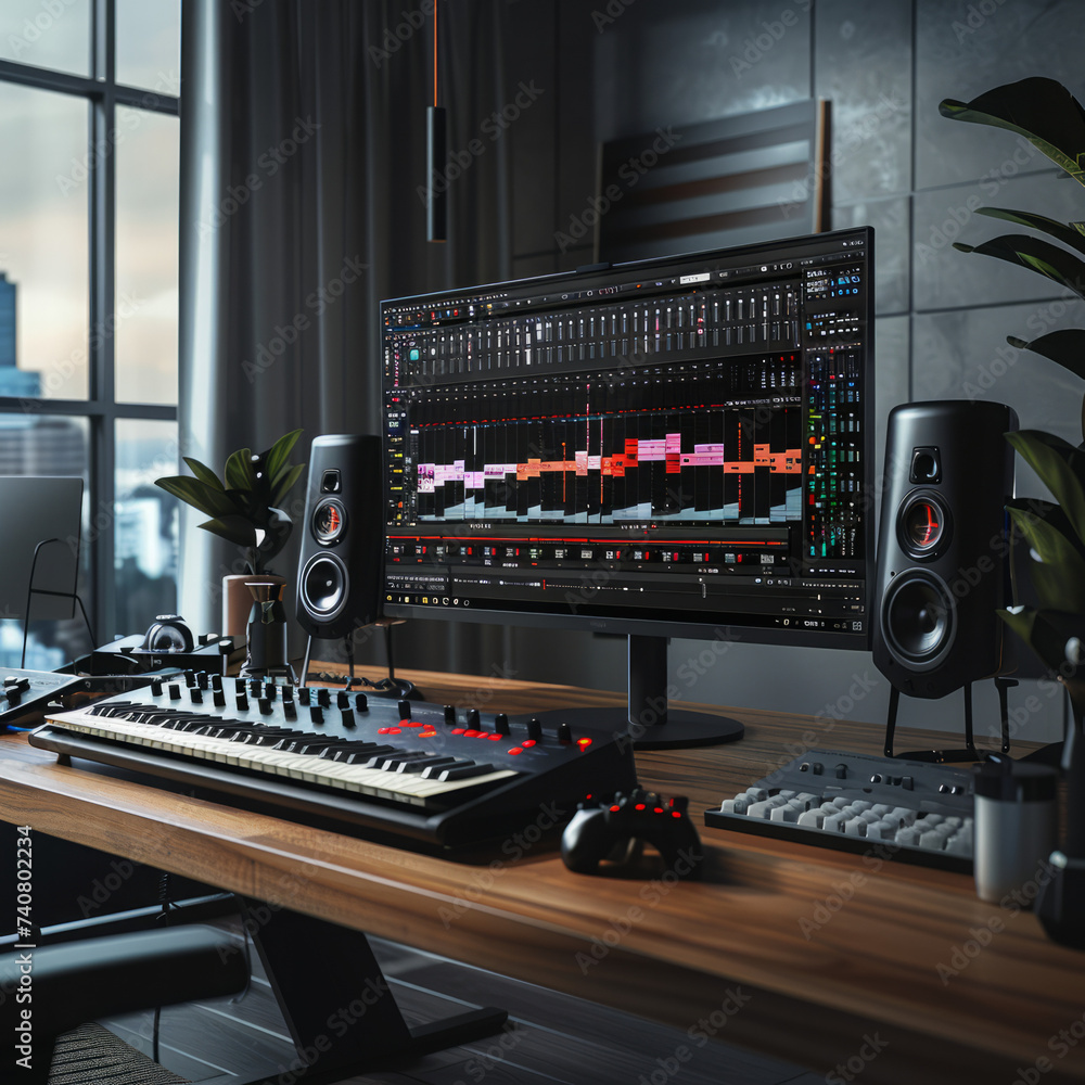 Professional music studio with wooden desk and monitor speakers, midi ...