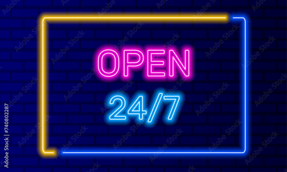 Neon sign open 24 hours in speech bubble frame on brick wall background ...