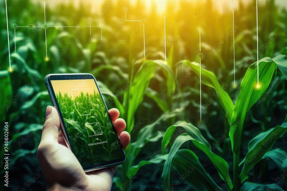 The farmer holds a smartphone and touches the screen to connect the ...