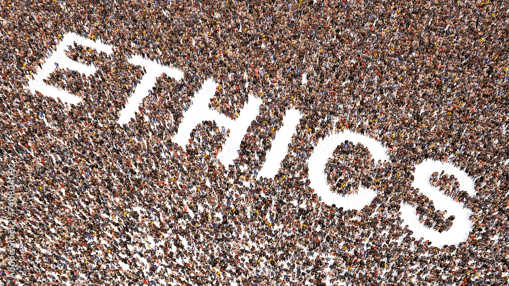Concept conceptual large community of people forming the word ETHICS ...