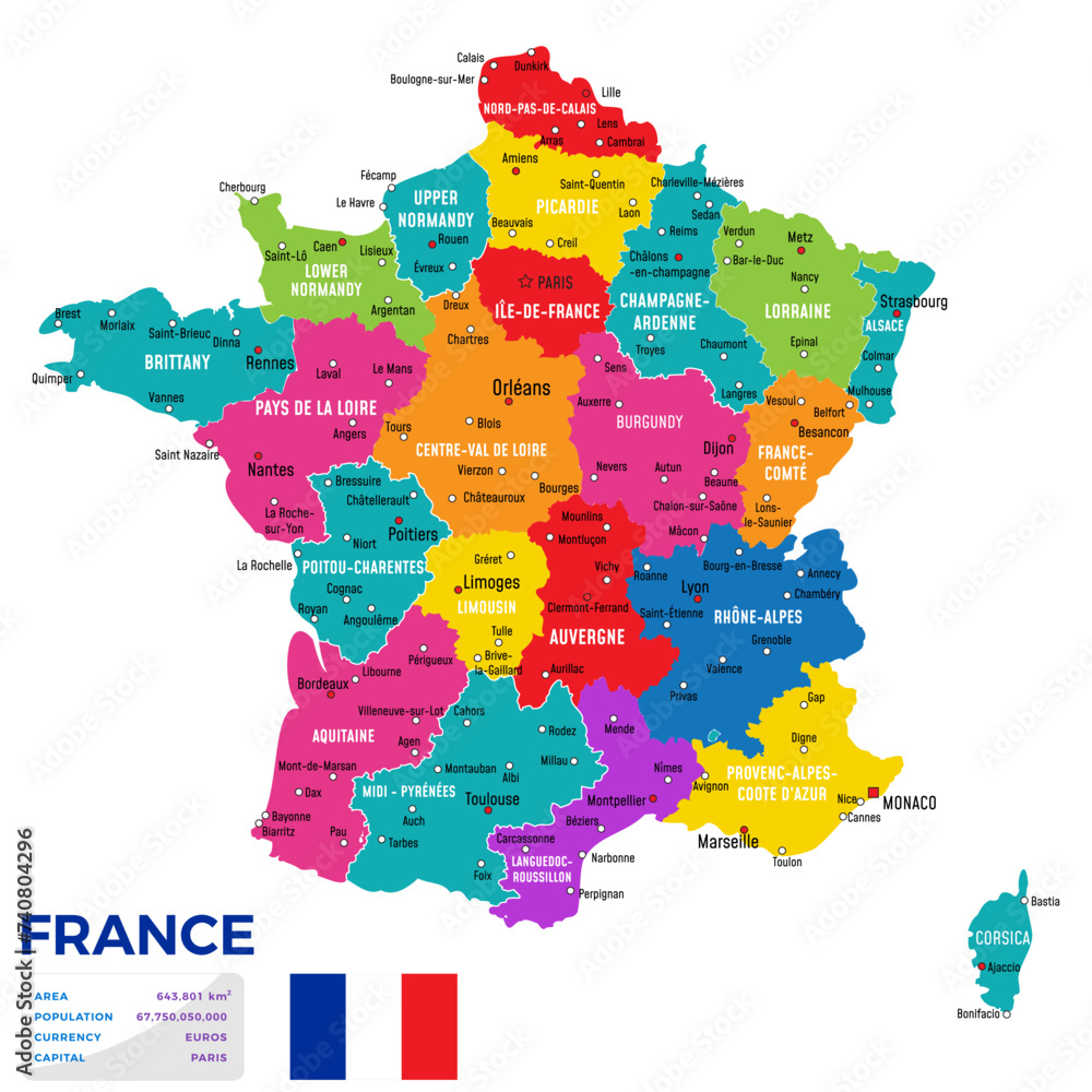 France map divided into provinces or regions with modern borders ...