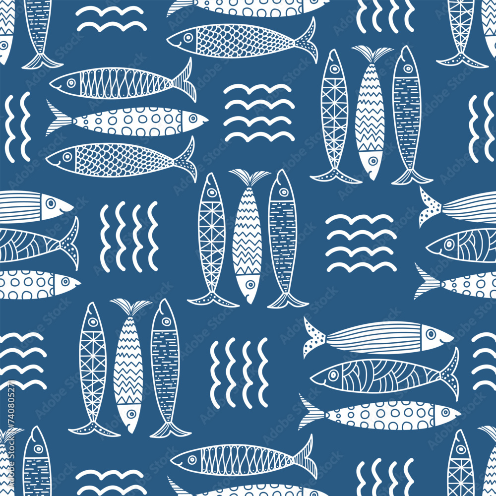 Cute sardines and wVE. Kids background. Seamless pattern. Can be used ...