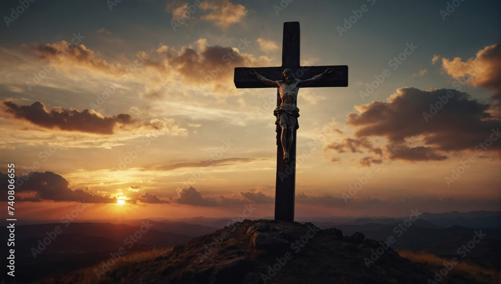 Sunset horizon with the silhouette of the Cross of Jesus Christ, a ...