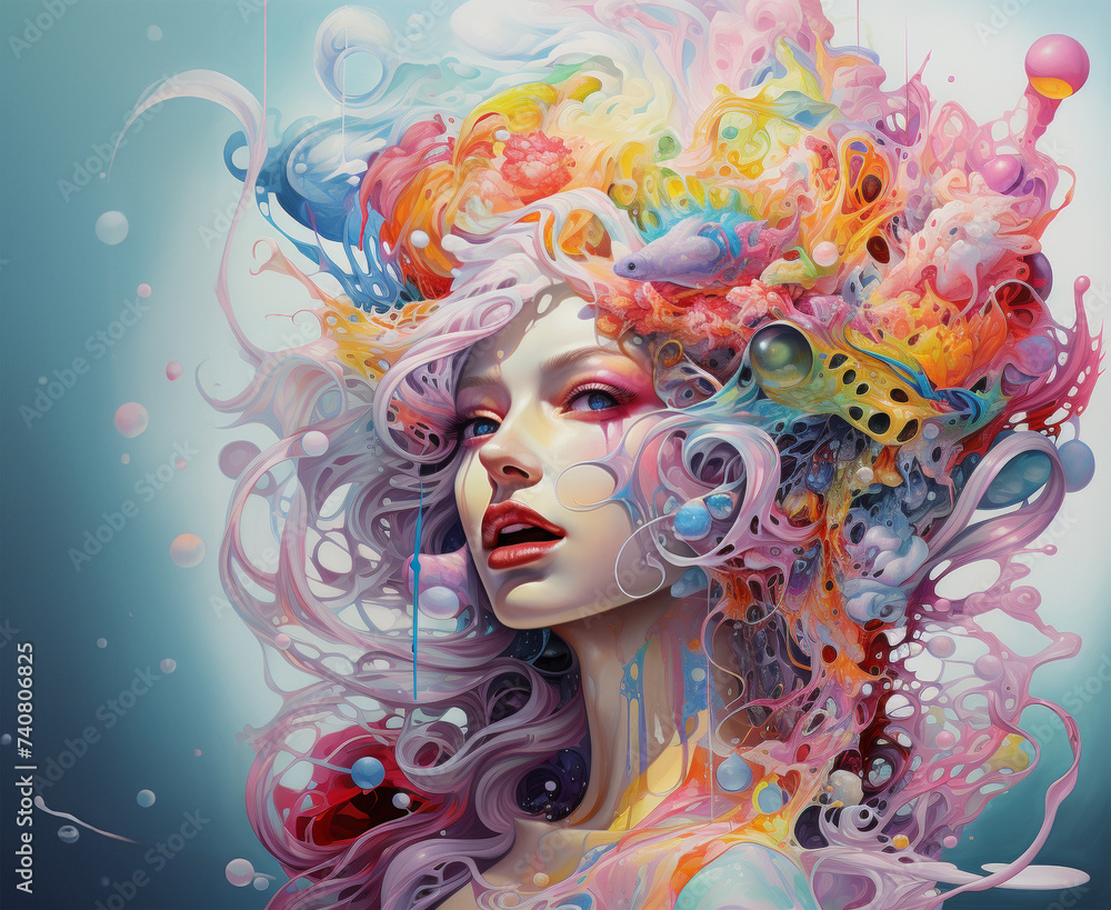 Beautiful pale woman face with red lips and blue eyes drawing with a ...