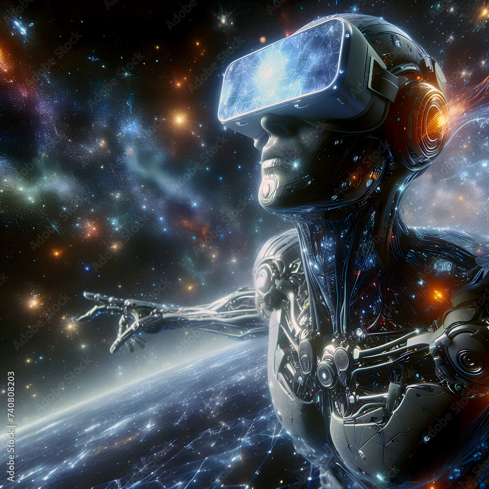 Virtual reality concept humanoid in virtual reality glasses looks like ...