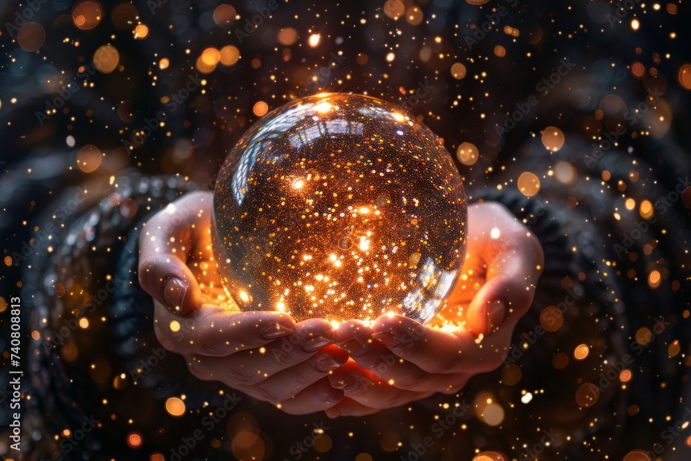 a spiritual banner featuring two hands holding a sphere on a golden ...