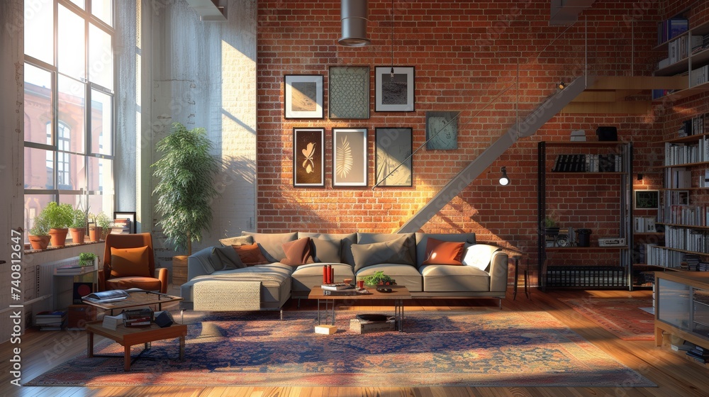 Sunlight filters through large windows, casting warm hues over a cozy ...