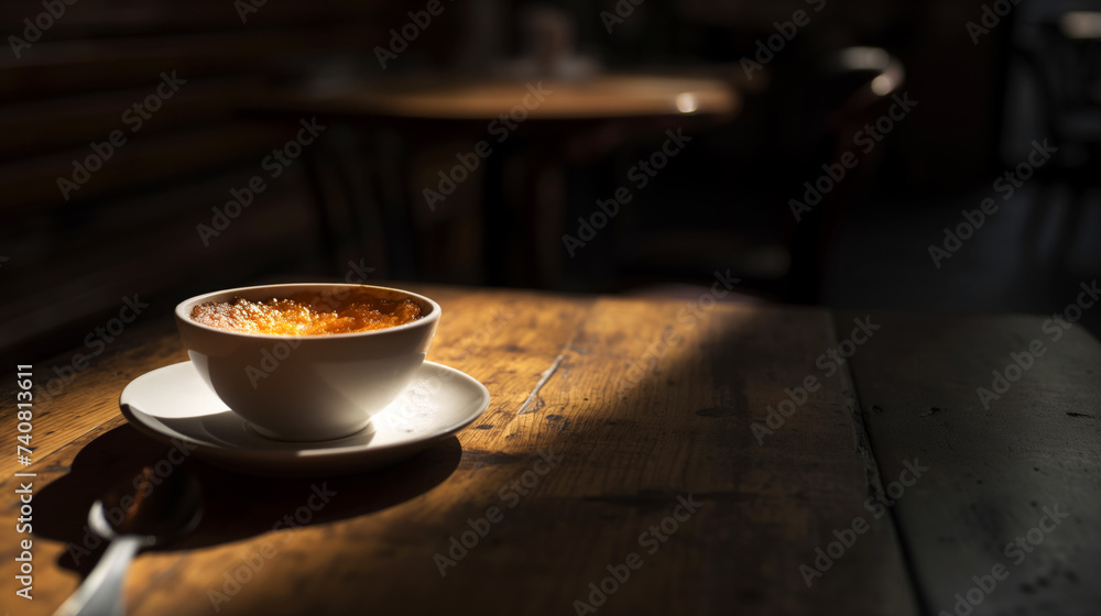 Creme brulee on a table in an old cafe, morning light from the windows ...