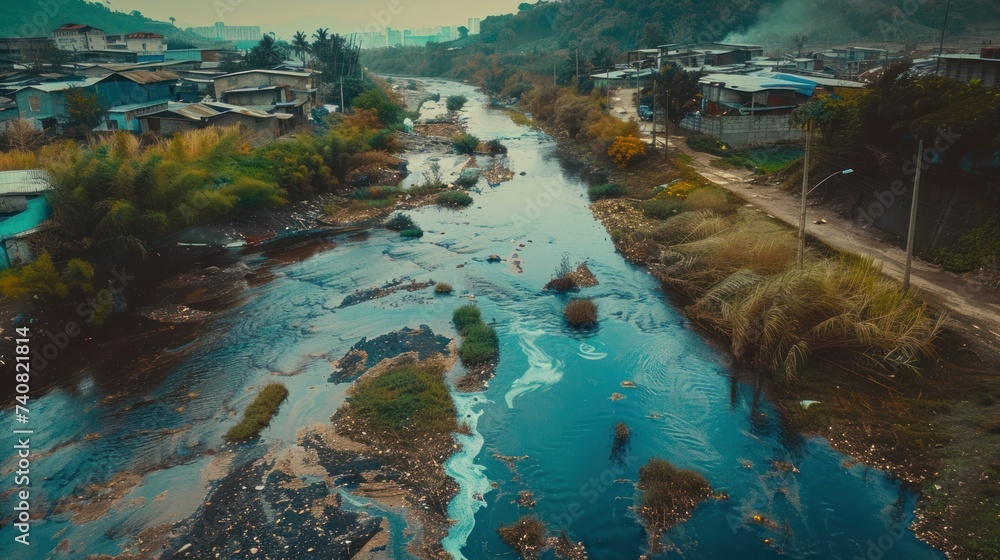 Polluted River Running Through a Rural Area. A striking aerial view of ...