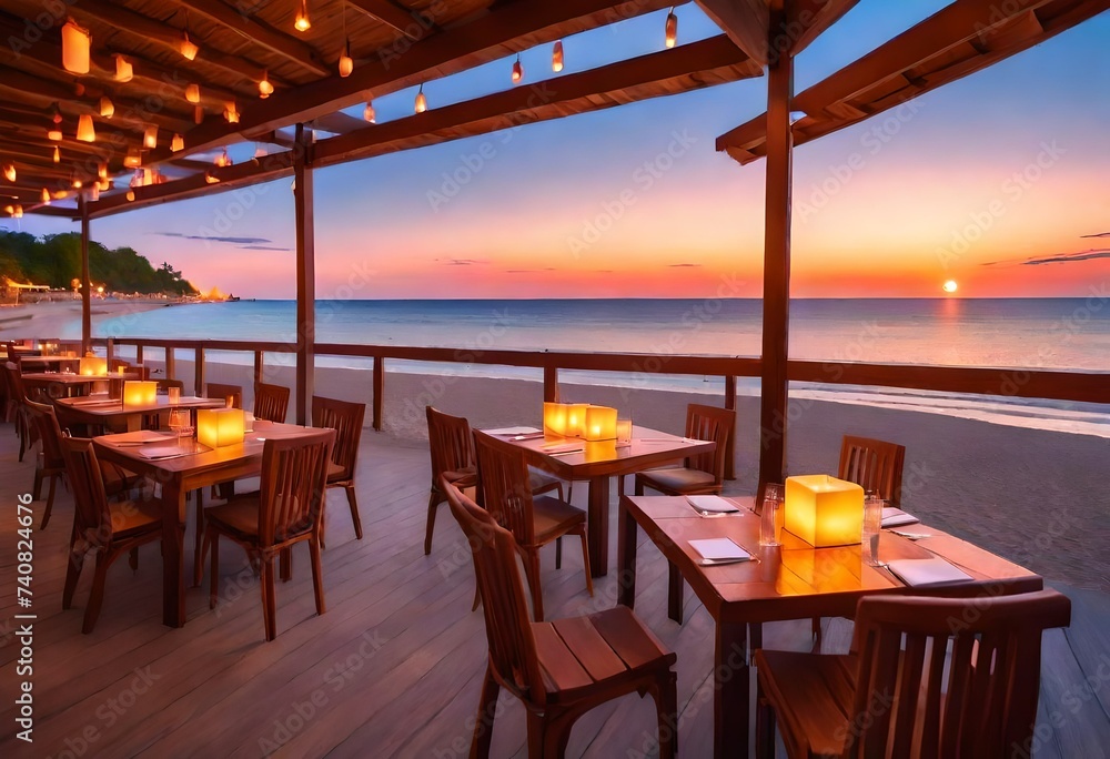 Outdoor restaurant at the beach. Tables at beach restaurant. Led light ...