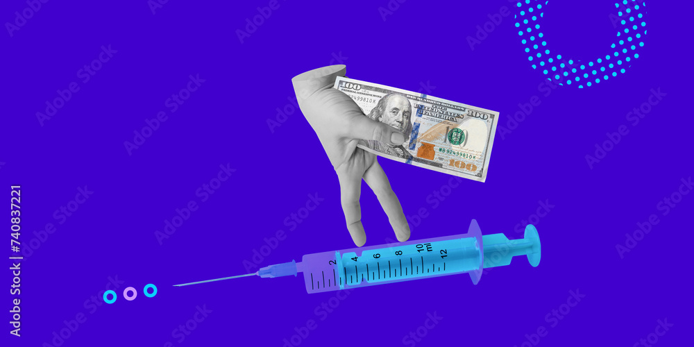 Cost and dependence on medications, drugs. Hand with hundred dollar ...