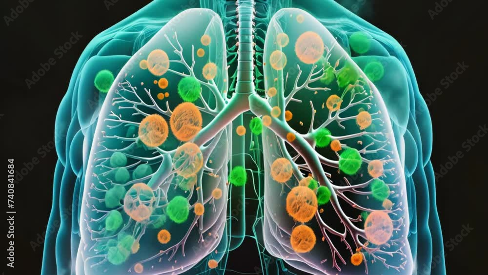 Detailed medical illustration of human lungs with alveoli and bronchial ...