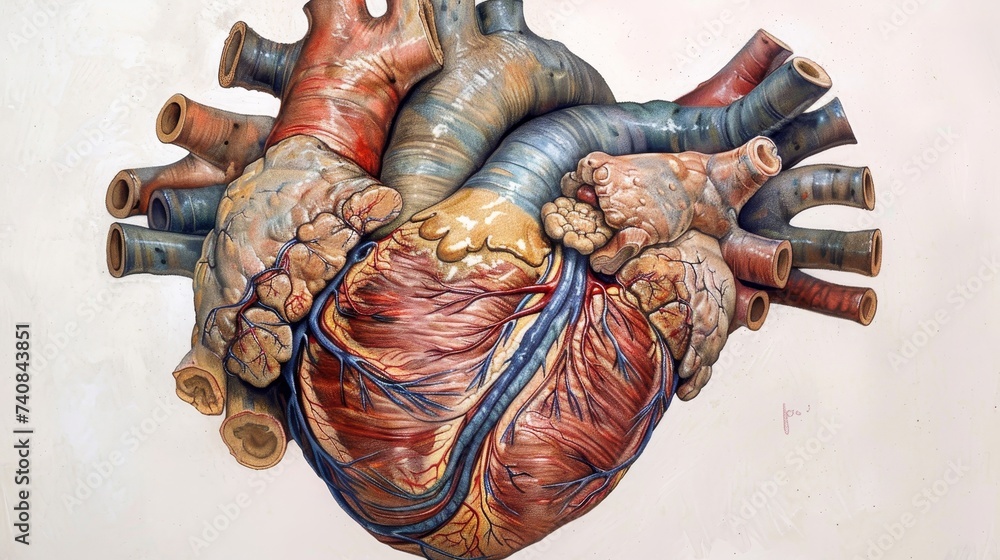 Detailed artistic representation of a human heart with visible arteries ...