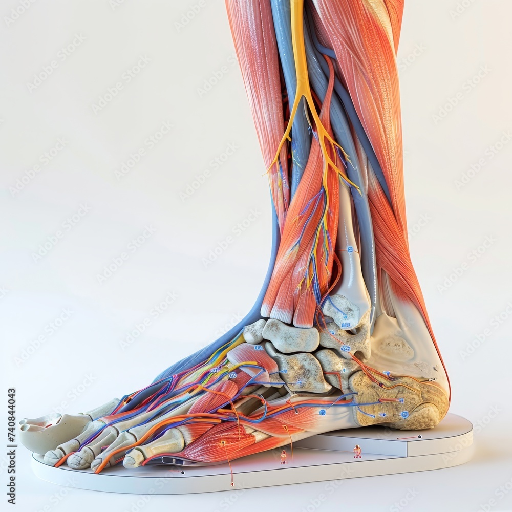 A detailed anatomical model showcasing the complex musculature, bone ...
