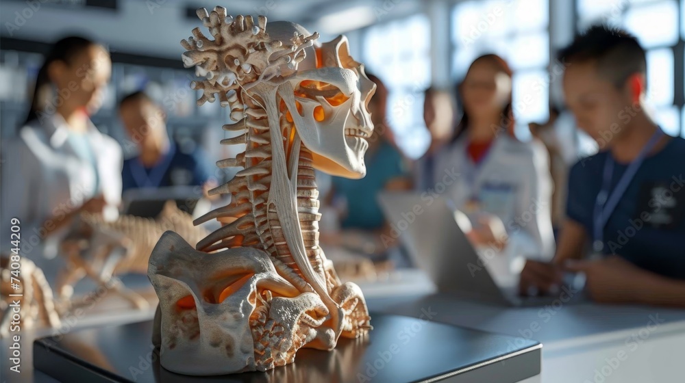 A detailed spinal anatomy model is used as an educational tool in a ...
