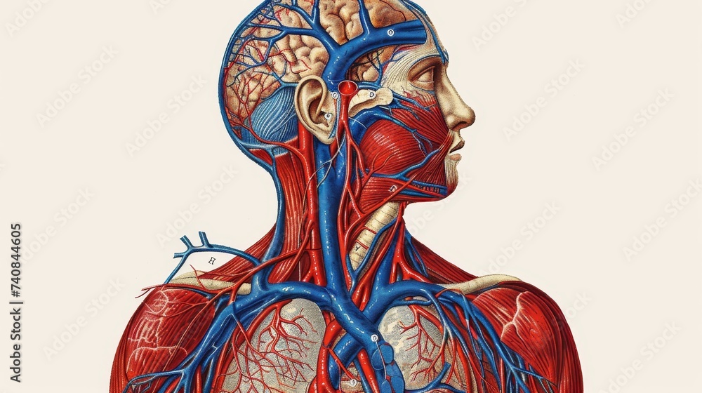 Detailed vintage anatomical illustration showing the human circulatory ...