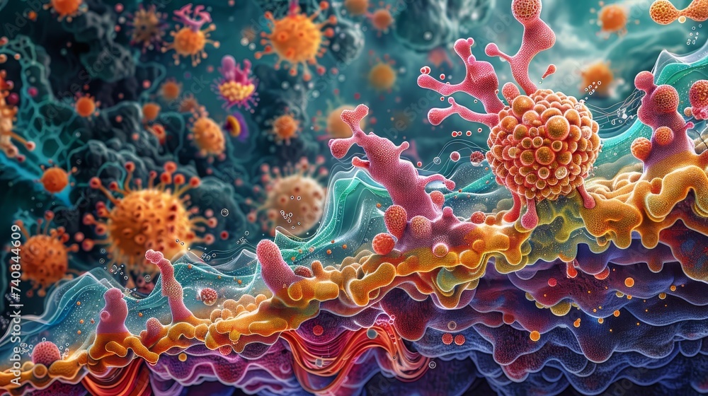 Highly detailed illustration capturing the moment of colorful viruses ...