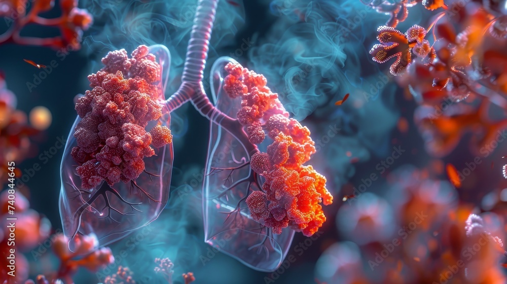 3D of human lungs with disease representation, highlighting the effects ...