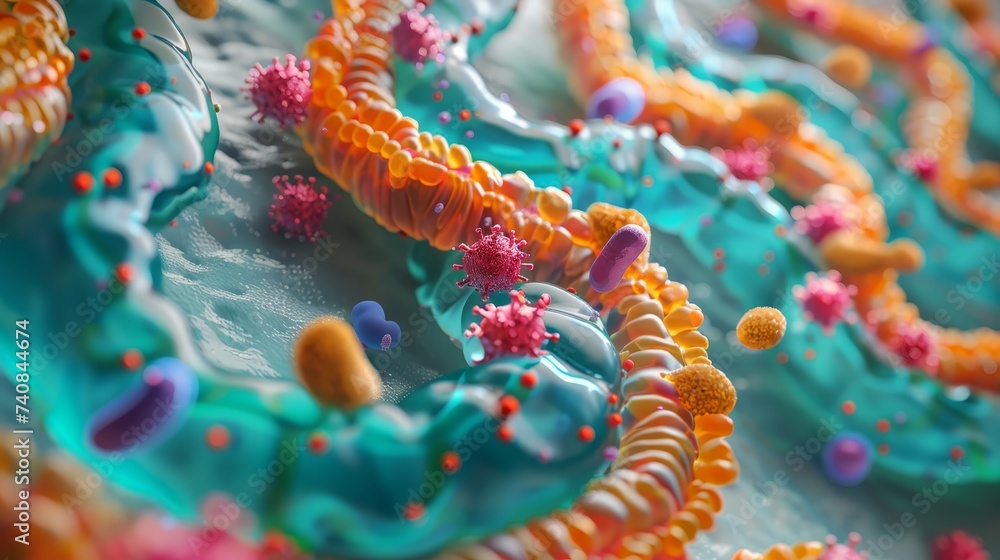 Vivid 3D illustration of microorganisms and viruses on a cellular level ...