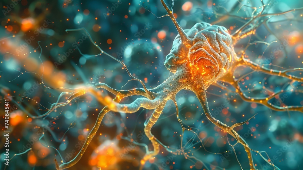Digital illustration of active neuron firing within a neural network, simulating brain activity ...