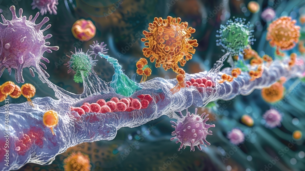 Colorful and detailed representation of viruses interacting with a ...