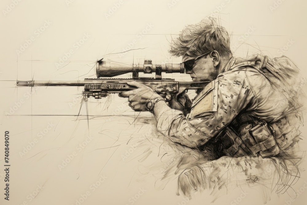A realistic black and white drawing of a soldier dressed in uniform ...
