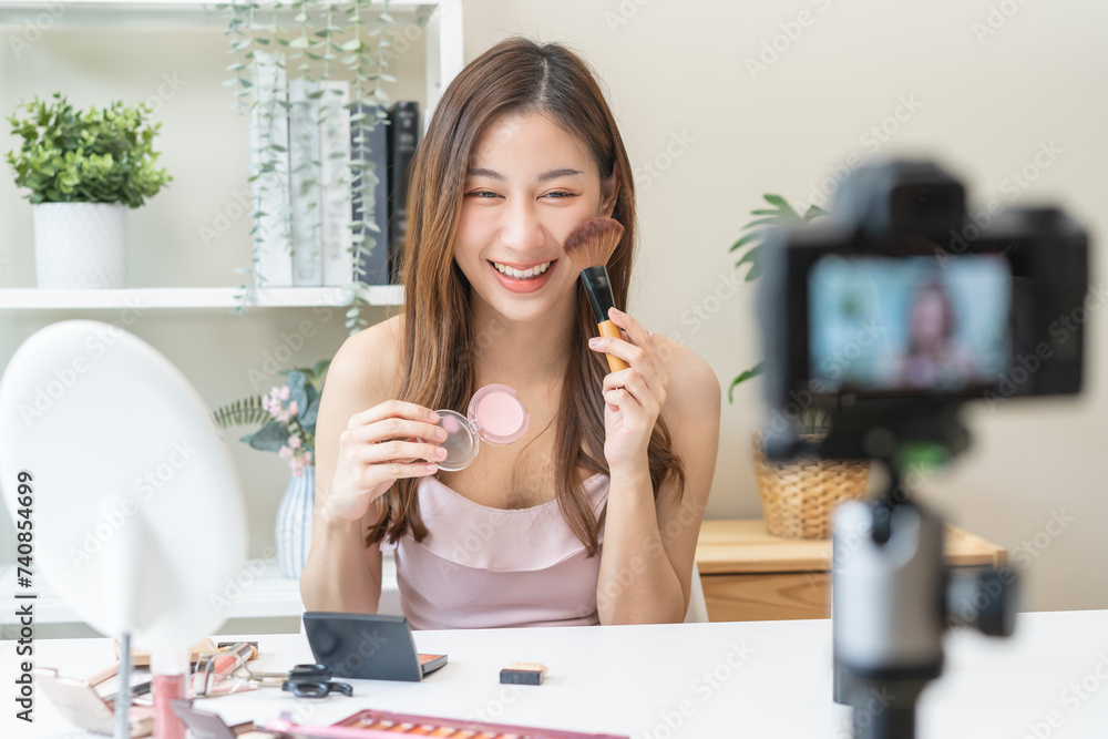 Beauty blogger, asian young woman, girl vlogger makeup face, showing ...