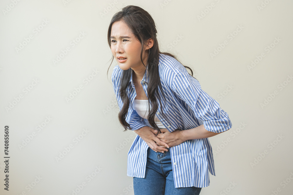 Flatulence asian young woman intolerance hand in stomach ache, suffer ...