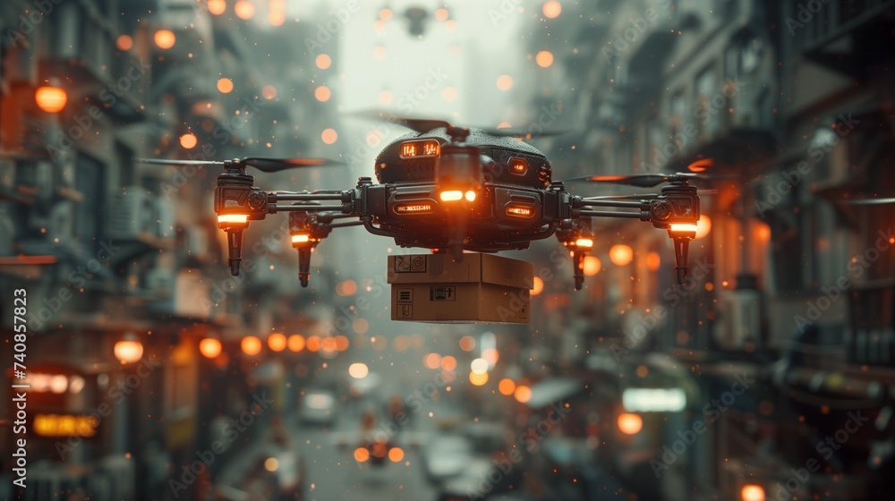 Modern robot drone performs storage and load parcel boxes to customers ...