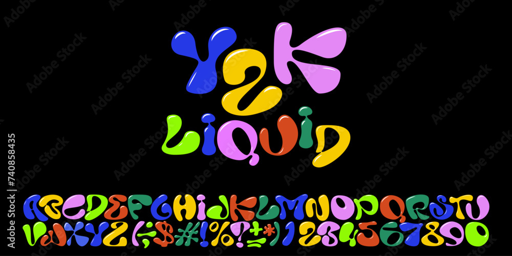 Y2K colorful liquid bubble letters. Cartoon bubble English font or ...