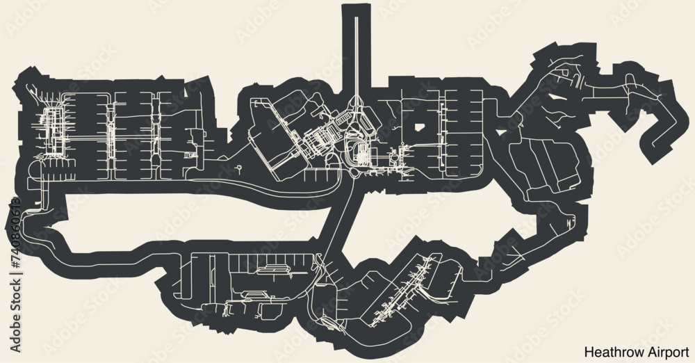 High contrasted terminals layout diagram map with airfield road lines ...