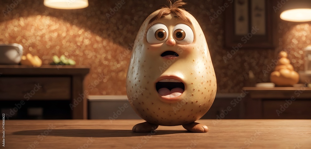 A surprised fawnfaced potato rests on a hardwood table, resembling a ...