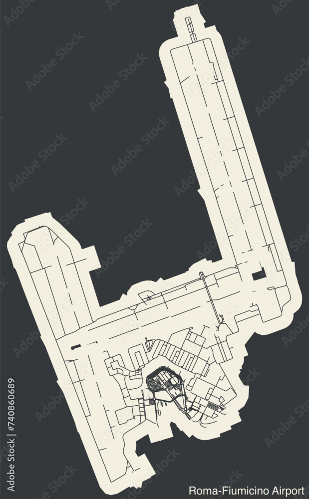 High contrasted terminals layout diagram map with airfield road lines ...