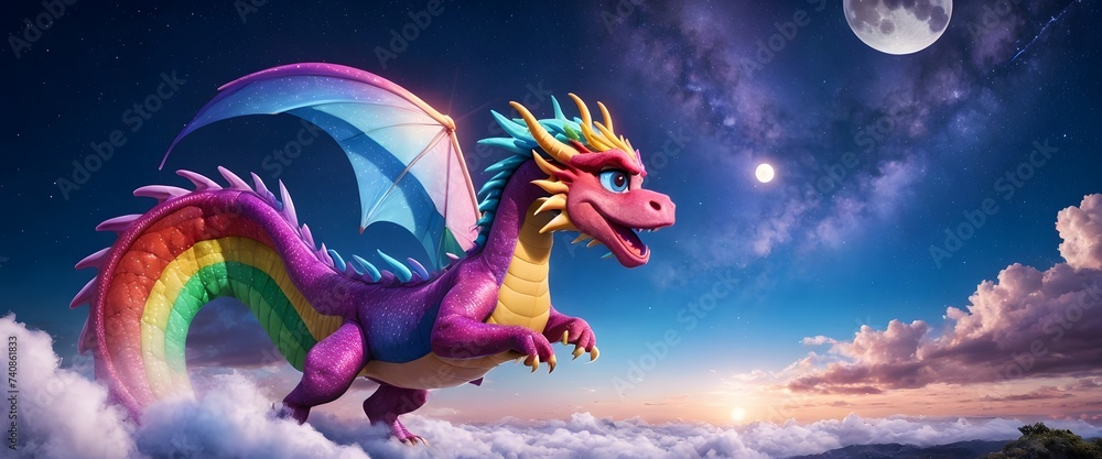 A mythical creature, the rainbow dragon, is soaring through the ...