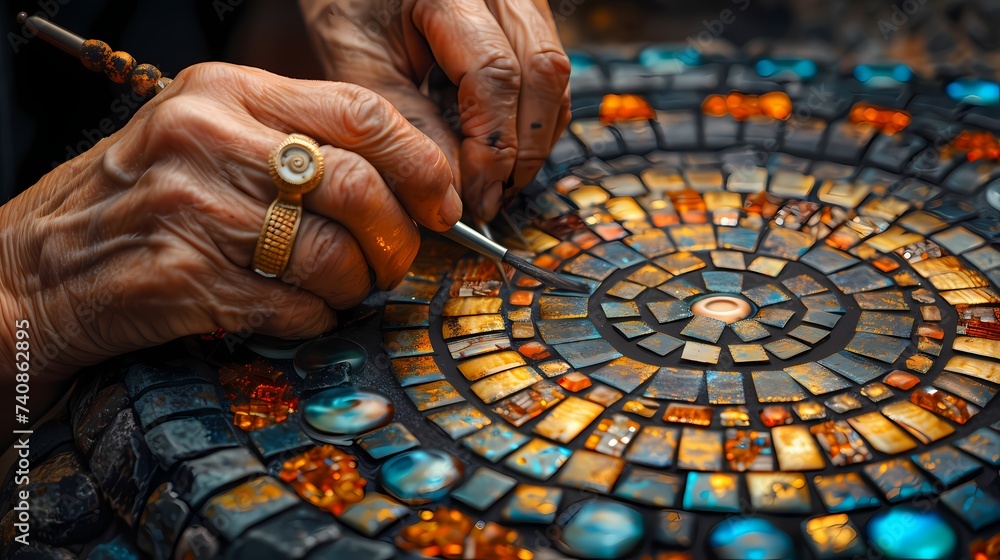 A mosaic artist using computer-aided design software to create ...