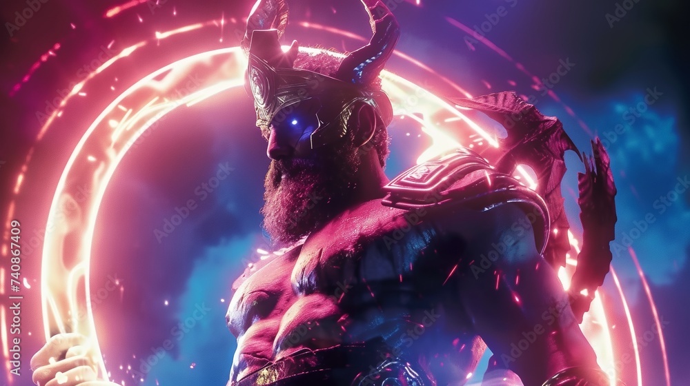 Visualize the Greek god Ares the god of war and conflict emanating a ...