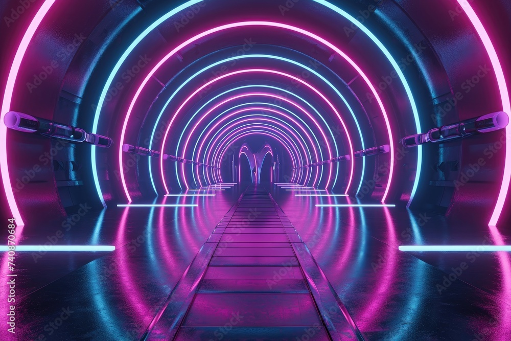 This photo showcases a tunnel adorned with neon lights, radiating a ...