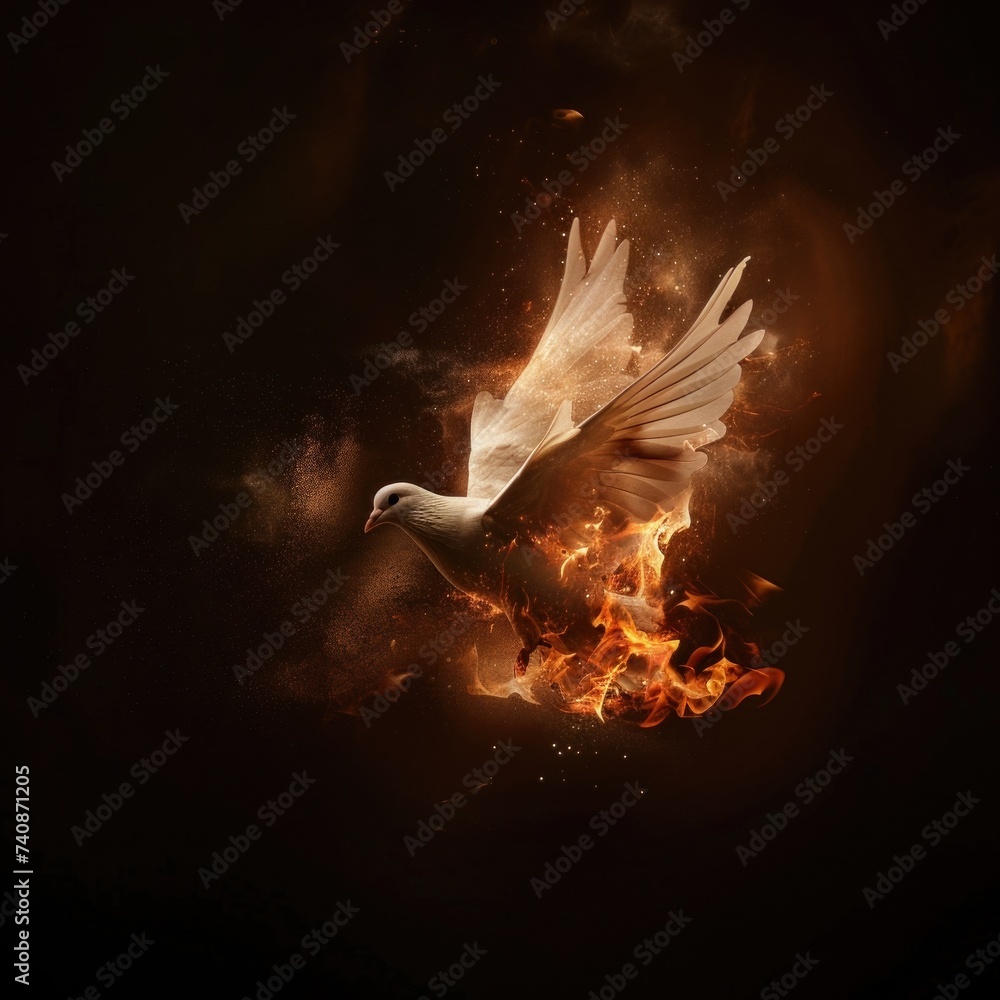 Flying white dove with fire effect on dark background. Symbol of peace ...