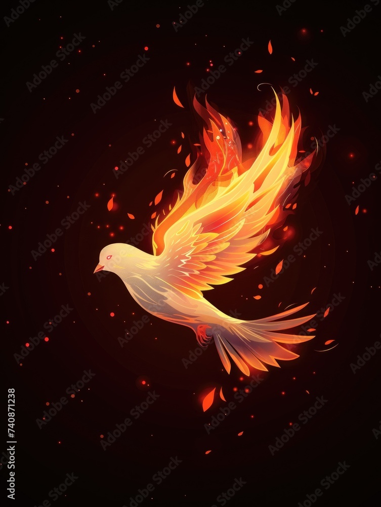Flying white dove with fire effect on dark background. Symbol of peace ...