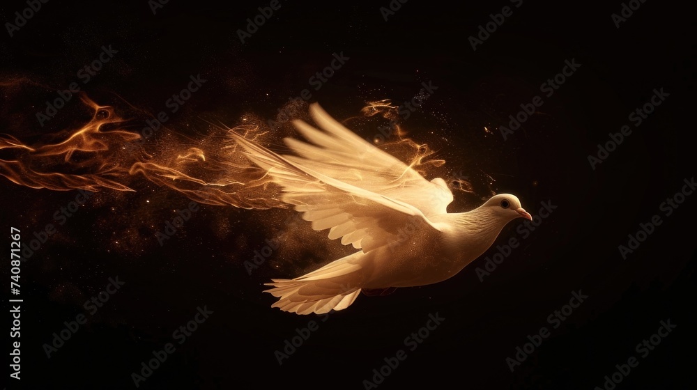 Flying white dove with fire effect on dark background. Symbol of peace ...
