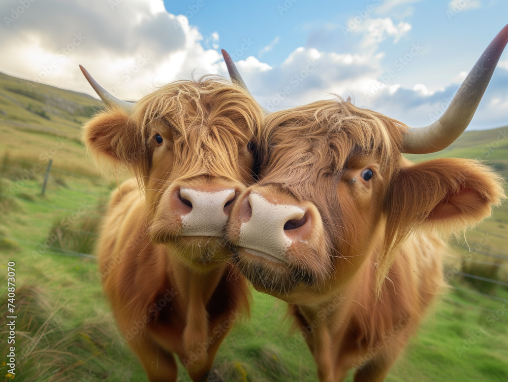 Two cows in a beautiful pasture express their love for each other ...