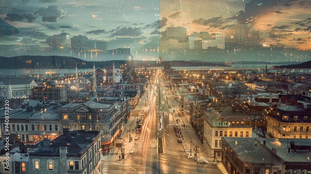 city showing the change from a small town to a bustling metropolis over ...