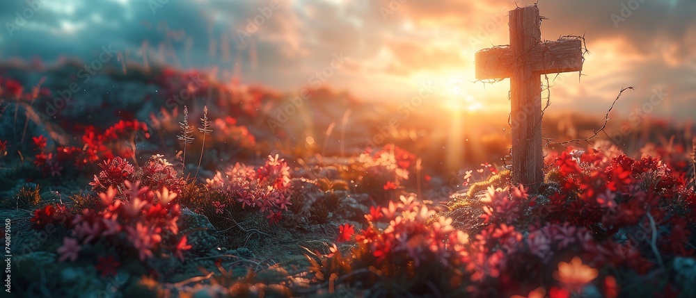 In the background are cross of Jesus Christ breaking calvary barrier ...