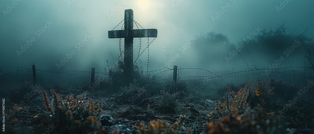 Jesus' cross breaks barrier wire on calvary on a sunday background ...