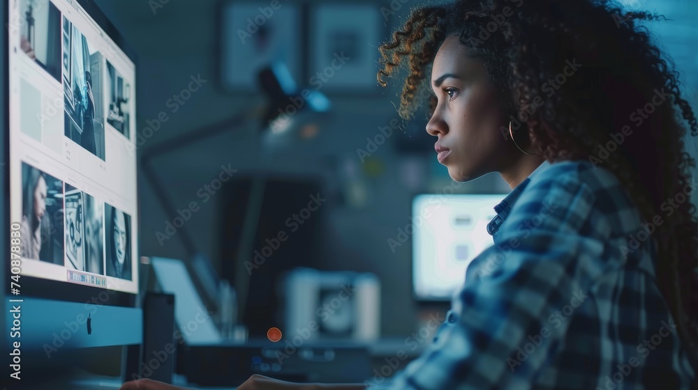 This beautiful diverse multiethnic female designer works on a desktop ...