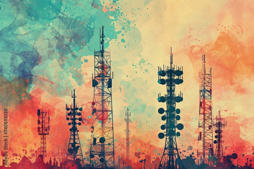 An artwork depicting numerous cell towers in the sky, capturing the ...