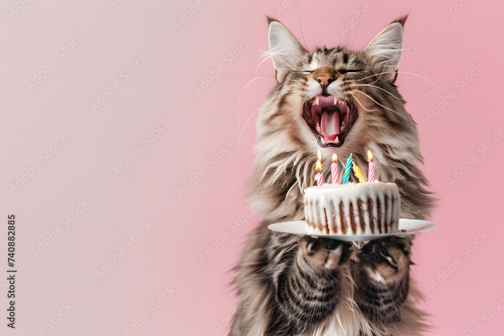 Cute cat holding birthday cake for celebration. Stock Photo | Adobe Stock