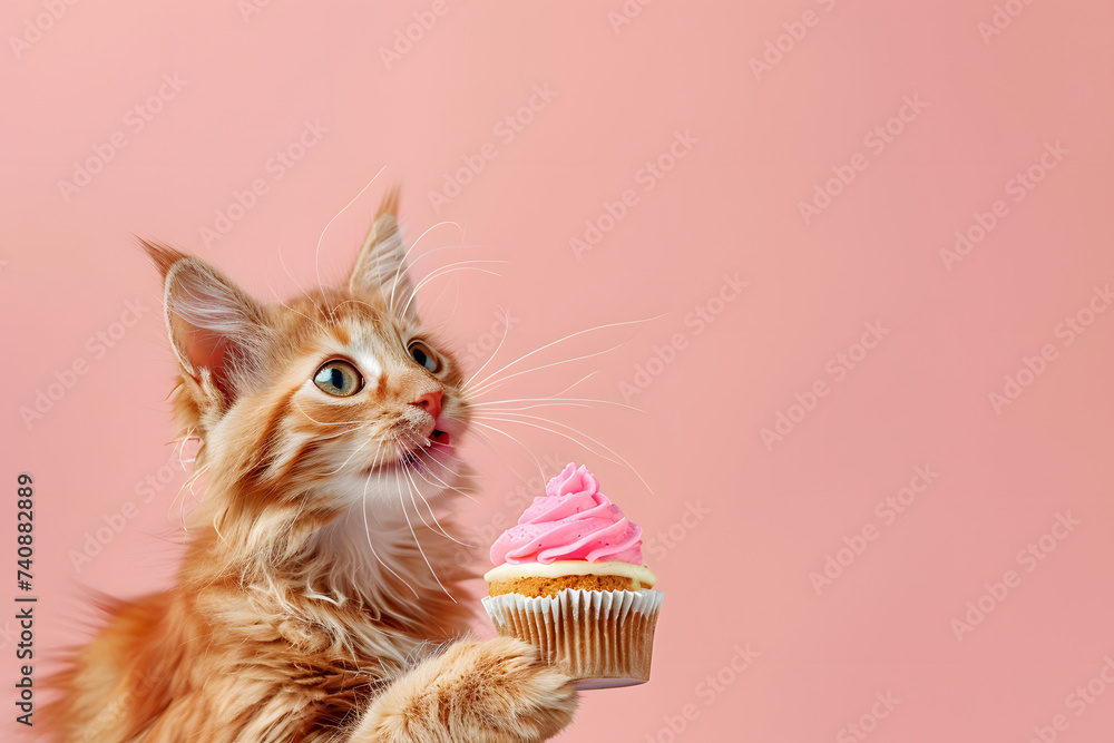 Cute cat holding birthday cake for celebration. Stock Photo | Adobe Stock