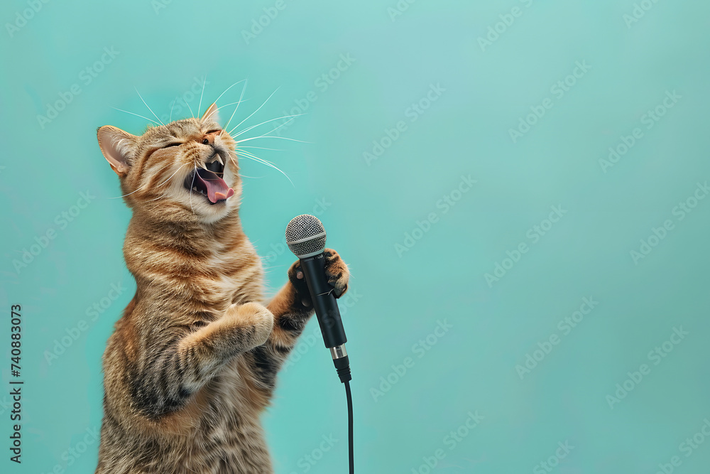 Cute cat sing a song and holding microphone isolated on pastel ...